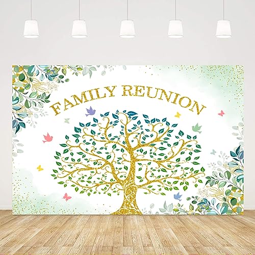 Wollmix Family Reunion Decorations Backdrop Banner Family Tree Leaves Members Welcome Signs Photography Background Gathering Gold and Green Supplies Photo Banner Booth Props 5x3ft