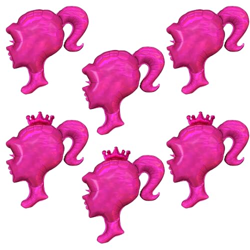 Cadeya 6 Pcs Pink Girls Head Balloons, 28”Hot Pink Aluminum Foil Balloons for Girl Birthday, Baby Shower, Princess Doll Theme Party Decorations Supplies