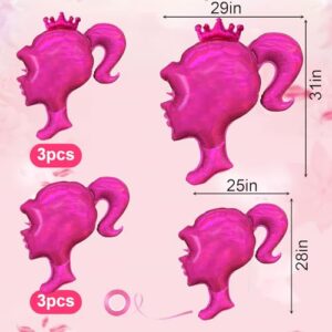 Cadeya 6 Pcs Pink Girls Head Balloons, 28”Hot Pink Aluminum Foil Balloons for Girl Birthday, Baby Shower, Princess Doll Theme Party Decorations Supplies