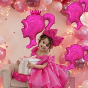 Cadeya 6 Pcs Pink Girls Head Balloons, 28”Hot Pink Aluminum Foil Balloons for Girl Birthday, Baby Shower, Princess Doll Theme Party Decorations Supplies