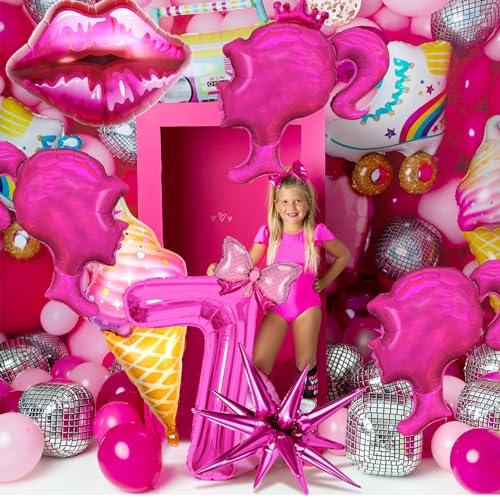 Cadeya 6 Pcs Pink Girls Head Balloons, 28”Hot Pink Aluminum Foil Balloons for Girl Birthday, Baby Shower, Princess Doll Theme Party Decorations Supplies