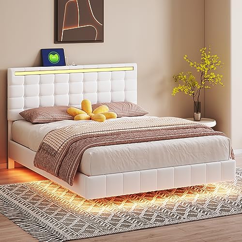 VilroCaz Queen Size Upholstered Platform Bed with LED Lights and USB Charging, Floating Bed Frame Mattress Foundation with Sturdy Slatted Support, No-Noise Design (White-Float)