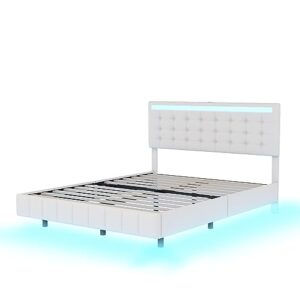 VilroCaz Queen Size Upholstered Platform Bed with LED Lights and USB Charging, Floating Bed Frame Mattress Foundation with Sturdy Slatted Support, No-Noise Design (White-Float)