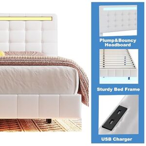 VilroCaz Queen Size Upholstered Platform Bed with LED Lights and USB Charging, Floating Bed Frame Mattress Foundation with Sturdy Slatted Support, No-Noise Design (White-Float)