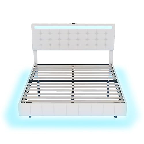 VilroCaz Queen Size Upholstered Platform Bed with LED Lights and USB Charging, Floating Bed Frame Mattress Foundation with Sturdy Slatted Support, No-Noise Design (White-Float)