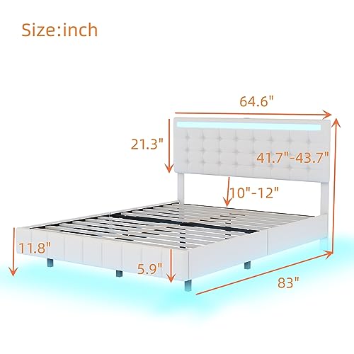 VilroCaz Queen Size Upholstered Platform Bed with LED Lights and USB Charging, Floating Bed Frame Mattress Foundation with Sturdy Slatted Support, No-Noise Design (White-Float)