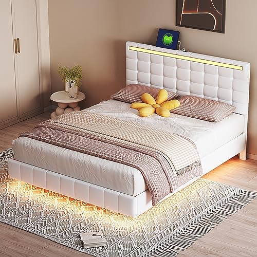 VilroCaz Queen Size Upholstered Platform Bed with LED Lights and USB Charging, Floating Bed Frame Mattress Foundation with Sturdy Slatted Support, No-Noise Design (White-Float)