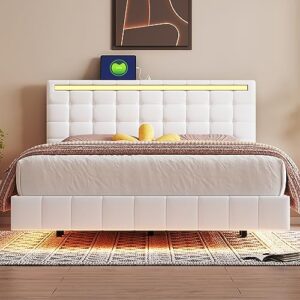 VilroCaz Queen Size Upholstered Platform Bed with LED Lights and USB Charging, Floating Bed Frame Mattress Foundation with Sturdy Slatted Support, No-Noise Design (White-Float)