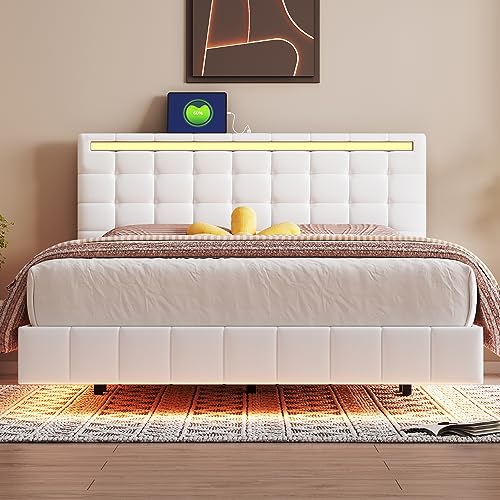 VilroCaz Queen Size Upholstered Platform Bed with LED Lights and USB Charging, Floating Bed Frame Mattress Foundation with Sturdy Slatted Support, No-Noise Design (White-Float)