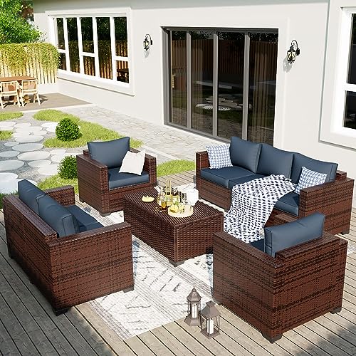 UDPATIO Outdoor Patio Furniture Set, 5 Piece Oversized Armrest Outdoor Sectional Furniture Rattan Patio Sofa Sets w/Storage Table No-Slip Cushions Furniture Covers for Poolside Deck Backyard, Navy