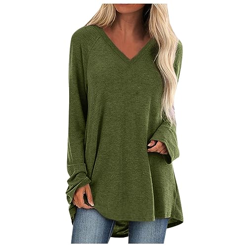 Army Green Women Tops for Work Cutes Tops Long Sleeve V Neck Shirts Solid Color Tunics Pullover to Wear with Leggings Fall Loose Fit T Shirts Blouses X-Large-P25