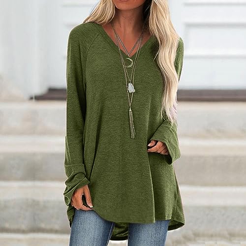 Army Green Women Tops for Work Cutes Tops Long Sleeve V Neck Shirts Solid Color Tunics Pullover to Wear with Leggings Fall Loose Fit T Shirts Blouses X-Large-P25