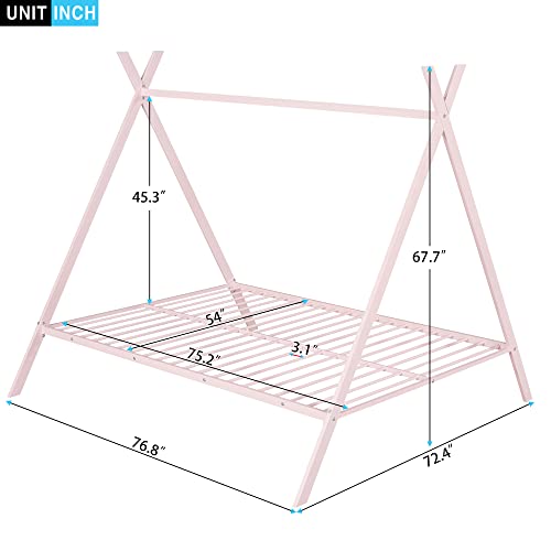 TARTOP Full Size House Bed Metal Tent Bed Frame, Floor Play House Bed Frame with Slat, Platform Bed for Kids Girls Boys, Teens No Box Spring Needed,Pink