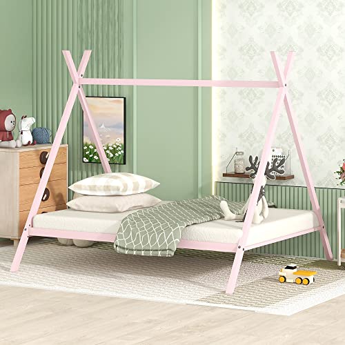 TARTOP Full Size House Bed Metal Tent Bed Frame, Floor Play House Bed Frame with Slat, Platform Bed for Kids Girls Boys, Teens No Box Spring Needed,Pink