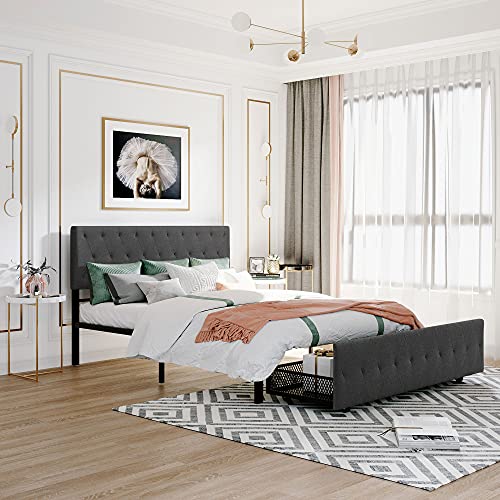 TARTOP Queen Size Upholstered Platform Bed with Storage Drawer, Metal Queen Bed Frame with Headboard，No Box Spring Required，Gray