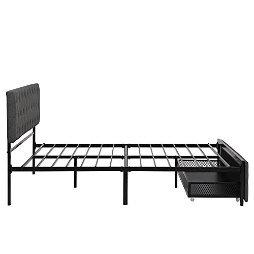 TARTOP Queen Size Upholstered Platform Bed with Storage Drawer, Metal Queen Bed Frame with Headboard，No Box Spring Required，Gray