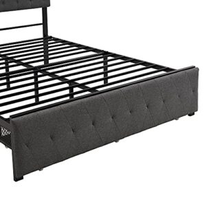 TARTOP Queen Size Upholstered Platform Bed with Storage Drawer, Metal Queen Bed Frame with Headboard，No Box Spring Required，Gray