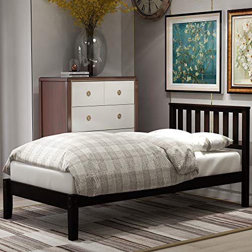 TARTOP Twin Bed Frame with Headboard and Wood Slat Support, Solid Wood Platform Bed Frame for Kids, Espresso