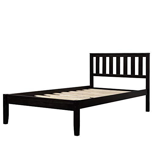 TARTOP Twin Bed Frame with Headboard and Wood Slat Support, Solid Wood Platform Bed Frame for Kids, Espresso