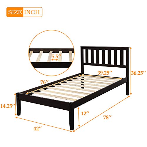 TARTOP Twin Bed Frame with Headboard and Wood Slat Support, Solid Wood Platform Bed Frame for Kids, Espresso