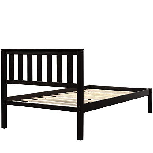 TARTOP Twin Bed Frame with Headboard and Wood Slat Support, Solid Wood Platform Bed Frame for Kids, Espresso