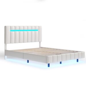 Harper & Bright Designs Queen Upholstered Bed with LED Lights and USB Charging, Floating Queen Bed Frame, Faux Leather Platform Bed with Wooden Slats Support for Kids Teens Adults (Queen Size, White)