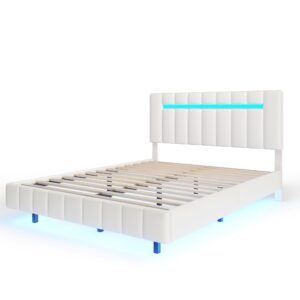 Harper & Bright Designs Queen Upholstered Bed with LED Lights and USB Charging, Floating Queen Bed Frame, Faux Leather Platform Bed with Wooden Slats Support for Kids Teens Adults (Queen Size, White)