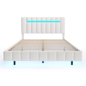 Harper & Bright Designs Queen Upholstered Bed with LED Lights and USB Charging, Floating Queen Bed Frame, Faux Leather Platform Bed with Wooden Slats Support for Kids Teens Adults (Queen Size, White)