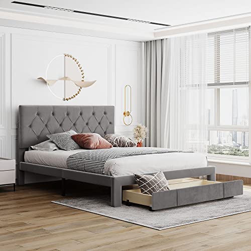 TARTOP Queen Size Storage Bed Velvet Upholstered Platform Bed with Drawer, Queen Size Upholstered Bed Frame with Headboard, No Box Spring Needed, Easy Assembly,Gray