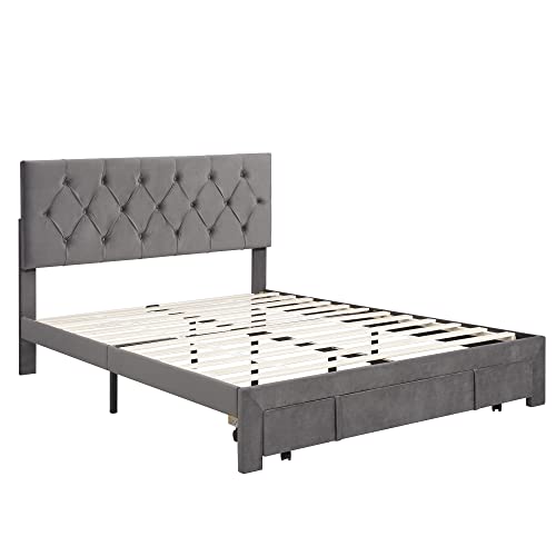 TARTOP Queen Size Storage Bed Velvet Upholstered Platform Bed with Drawer, Queen Size Upholstered Bed Frame with Headboard, No Box Spring Needed, Easy Assembly,Gray