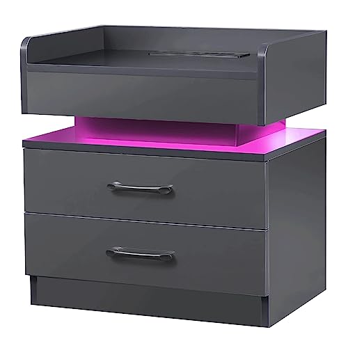 BKEKM Nightstands Nightstand Led Lights End Table MDF Bedside Table USB Ports Remote Control 2 Drawers Bedside Cabinet Home Bedside Dresser Well Made