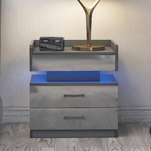 BKEKM Nightstands Nightstand Led Lights End Table MDF Bedside Table USB Ports Remote Control 2 Drawers Bedside Cabinet Home Bedside Dresser Well Made