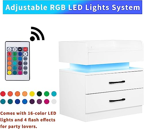 BKEKM Nightstands Nightstand Led Lights End Table MDF Bedside Table USB Ports Remote Control 2 Drawers Bedside Cabinet Home Bedside Dresser Well Made