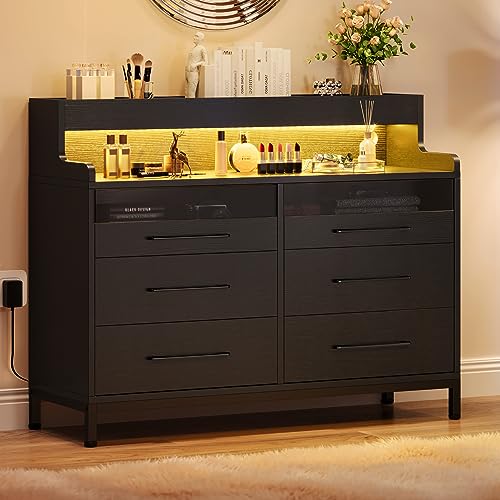 YITAHOME 6 Drawer for Bedroom, Dressers & Chests of Drawers with with LED Light, Modern Closet Dresser with Open Shelf Storage for Bedroom, Living Room, Entryway, Hallway, Black