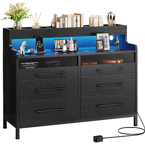 YITAHOME 6 Drawer for Bedroom, Dressers & Chests of Drawers with with LED Light, Modern Closet Dresser with Open Shelf Storage for Bedroom, Living Room, Entryway, Hallway, Black