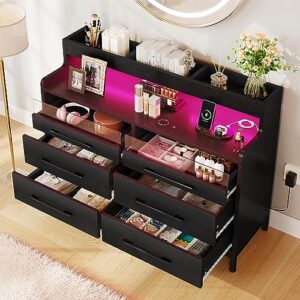 YITAHOME 6 Drawer for Bedroom, Dressers & Chests of Drawers with with LED Light, Modern Closet Dresser with Open Shelf Storage for Bedroom, Living Room, Entryway, Hallway, Black