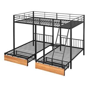 Metal Triple Bunk Bed Full Over Twin & Twin, Full Over Twin & Twin Bunk Bed with Storage Drawers, 3 Bunk Beds/Convertible Into 3 Beds, Metal Triple Bunk Beds for Kids,Teens, Girls(Black)