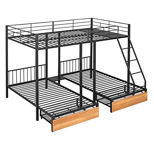 Metal Triple Bunk Bed Full Over Twin & Twin, Full Over Twin & Twin Bunk Bed with Storage Drawers, 3 Bunk Beds/Convertible Into 3 Beds, Metal Triple Bunk Beds for Kids,Teens, Girls(Black)