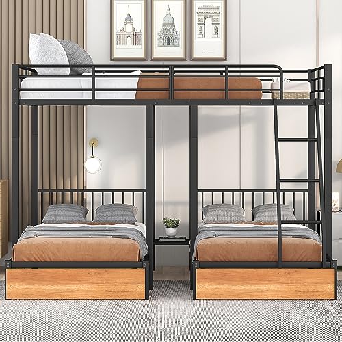 Metal Triple Bunk Bed Full Over Twin & Twin, Full Over Twin & Twin Bunk Bed with Storage Drawers, 3 Bunk Beds/Convertible Into 3 Beds, Metal Triple Bunk Beds for Kids,Teens, Girls(Black)