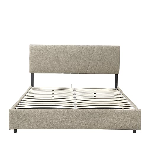 Prohon Queen Size Bed Frame with Hydraulic Storage System & Linen Headboard, Upholstered Platform Bed, Flexible Pull Release, Strong Wooden Support Bedframes for Kids, Teen & Adults, Light Beige