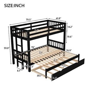 DEYOBED Twin Over Twin/King Pull-Out Bunk Bed with Trundle - Includes Safety Rail and Ladder, Ideal for Kids, Teens, and Guests in Bedroom