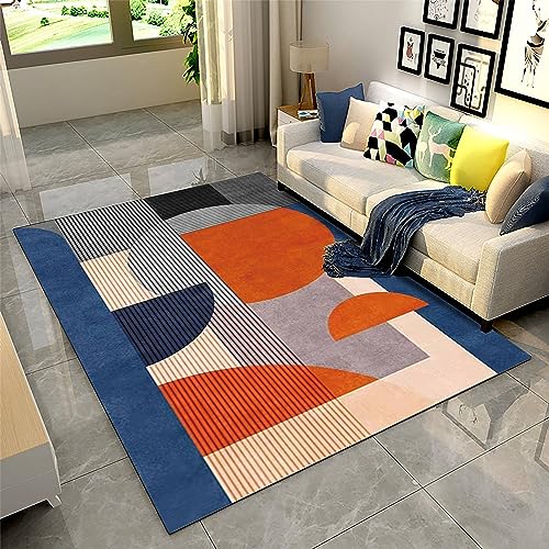 Modern Abstract Area Rug, 5x7ft, Blue Orange Gray Modern Geometric Rug Pad, Luxurious Fashion Minimalistic Art Design Anti-Slip Washable Carpet for Living Room, Indoor Rugs for Bedroom Dorm Hotel