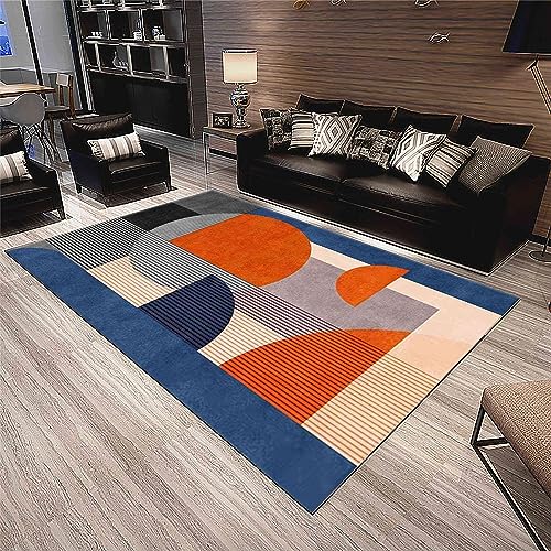 Modern Abstract Area Rug, 5x7ft, Blue Orange Gray Modern Geometric Rug Pad, Luxurious Fashion Minimalistic Art Design Anti-Slip Washable Carpet for Living Room, Indoor Rugs for Bedroom Dorm Hotel