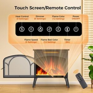 Joy Pebble Electric Fireplace Heater, Free-Standing 3D Infrared Fireplace Stove with Remote Control &Timer, Adjustable Flame Colors, Brightness and Speed, Overheating Protection, 5100 BTU,1500W