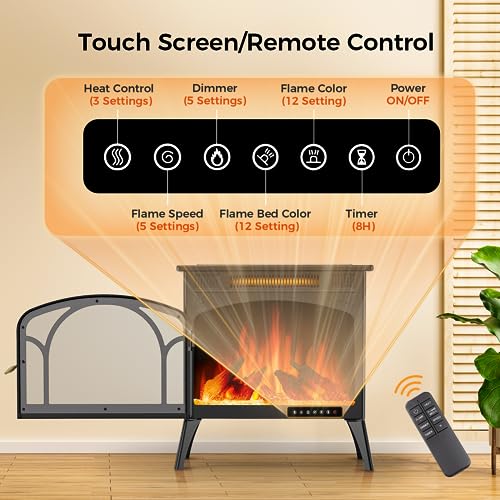 Joy Pebble Electric Fireplace Heater, Free-Standing 3D Infrared Fireplace Stove with Remote Control &Timer, Adjustable Flame Colors, Brightness and Speed, Overheating Protection, 5100 BTU,1500W