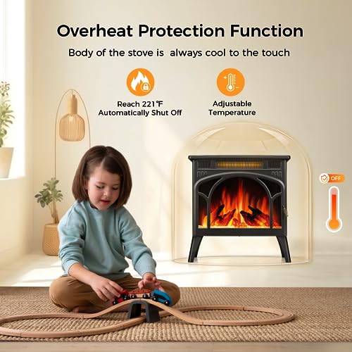 Joy Pebble Electric Fireplace Heater, Free-Standing 3D Infrared Fireplace Stove with Remote Control &Timer, Adjustable Flame Colors, Brightness and Speed, Overheating Protection, 5100 BTU,1500W