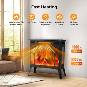 Joy Pebble Electric Fireplace Heater, Free-Standing 3D Infrared Fireplace Stove with Remote Control &Timer, Adjustable Flame Colors, Brightness and Speed, Overheating Protection, 5100 BTU,1500W