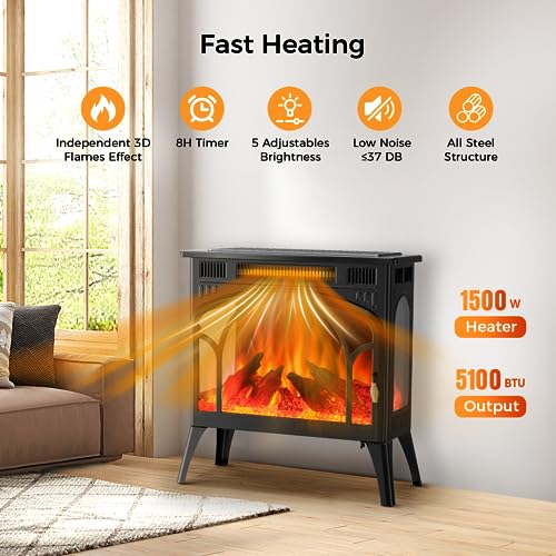 Joy Pebble Electric Fireplace Heater, Free-Standing 3D Infrared Fireplace Stove with Remote Control &Timer, Adjustable Flame Colors, Brightness and Speed, Overheating Protection, 5100 BTU,1500W