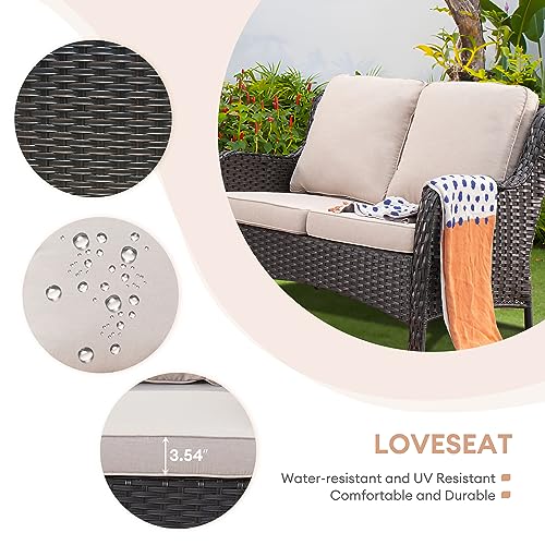 XIZZI Outdoor Wicker Furniture Patio Set 6 Pieces Backyard Furniture Brown Rattan Conversation Sets with 50,000 BTU Propane Fire Pit Table,Swivel Chairs,Rattan Sofa,Loveseat and Side Table,Beige