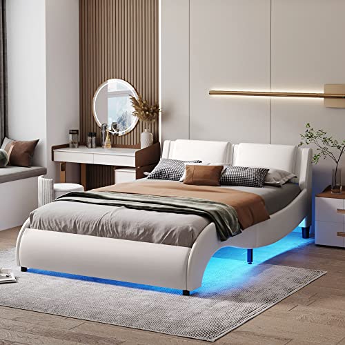 BIADNBZ Full Size Wavy Platform Bed with Adjustable LED Light, Modern Upholstered Faux Leather Bedframe for Kids, Wooden Slats Support, No Box Spring Needed, White